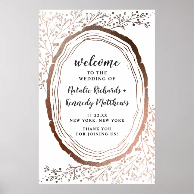Rustic Wood Slice Copper Foil Wedding Welcome Sign | Zazzle