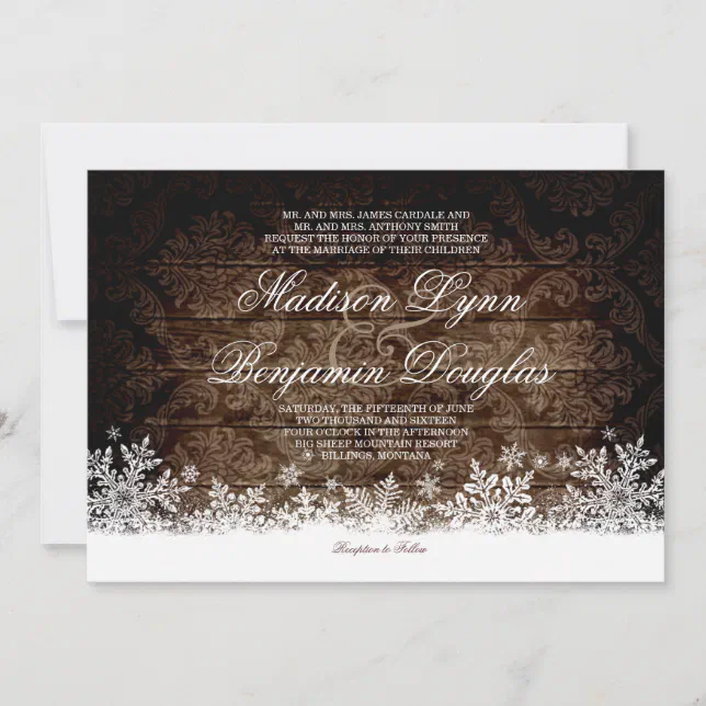 Rustic Wood Snowflakes Winter Wedding Invitations | Zazzle