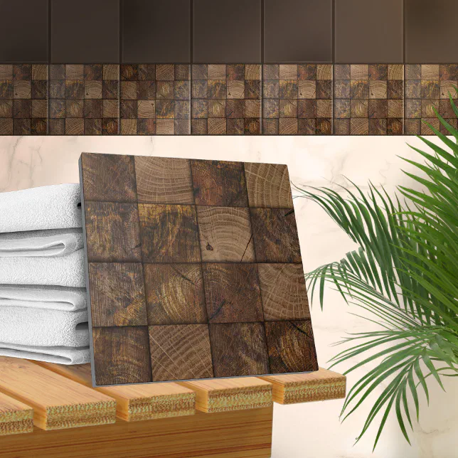 Rustic Wood Square Mosaic Art Ceramic Tile | Zazzle