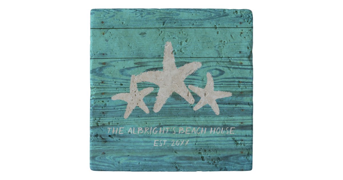 Rustic Wood Starfish Limpet Shell Blue Trivet | Zazzle