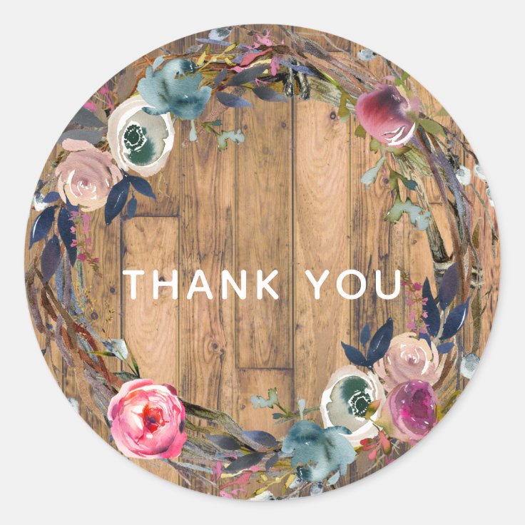 Rustic Wood Stick Floral Modern Wreath Favor Classic Round Sticker | Zazzle