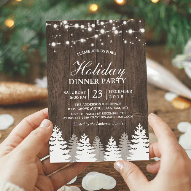 Rustic Wood String Light Pines Tree Holiday Party Invitation | Zazzle