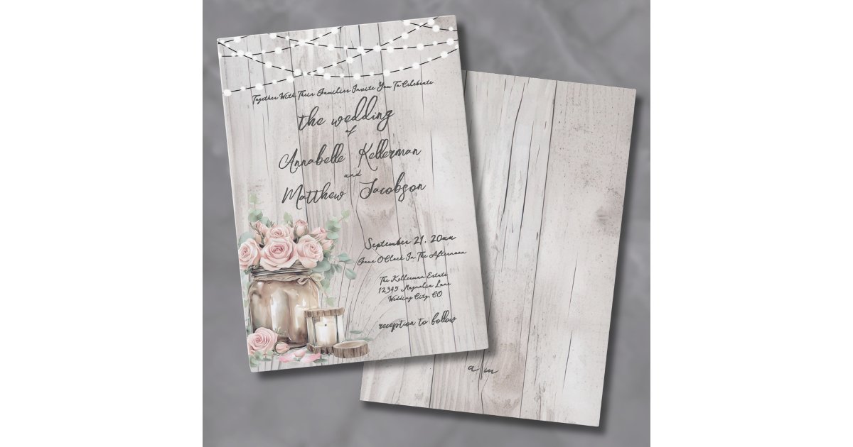 Rustic Wood String Light Roses Country Wedding Invitation | Zazzle