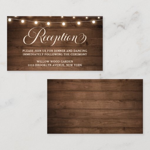 Rustic Wood String Light Wedding Reception Details Enclosure Card | Zazzle