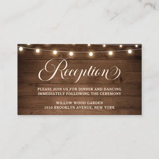 Rustic Wood String Light Wedding Reception Details Enclosure Card | Zazzle
