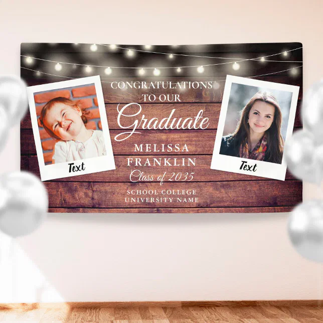 Rustic Wood String Lights 2 Photo Graduation Banner | Zazzle