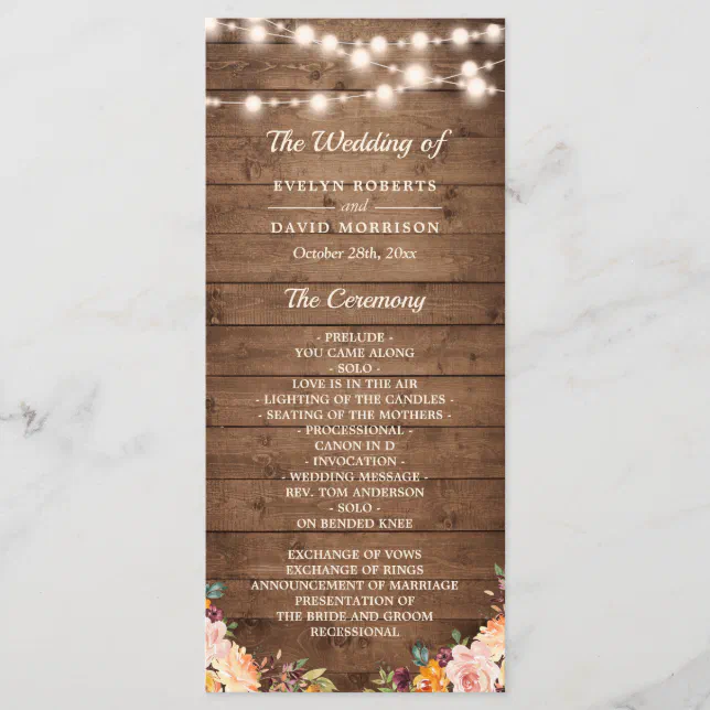 Rustic Wood String Lights Autumn Floral Wedding Program | Zazzle