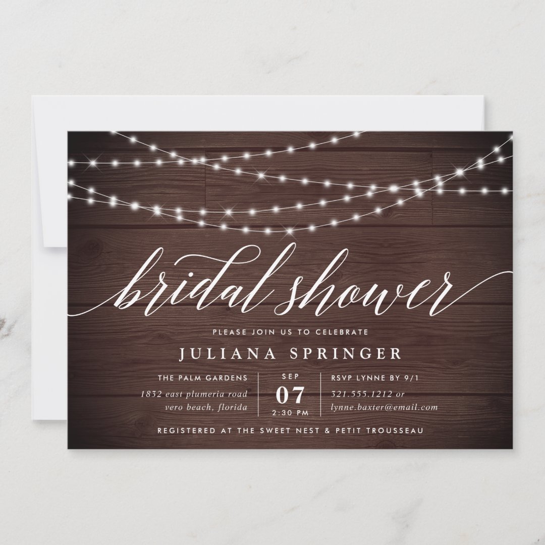 Rustic Wood String Lights Bridal Shower Invitation | Zazzle