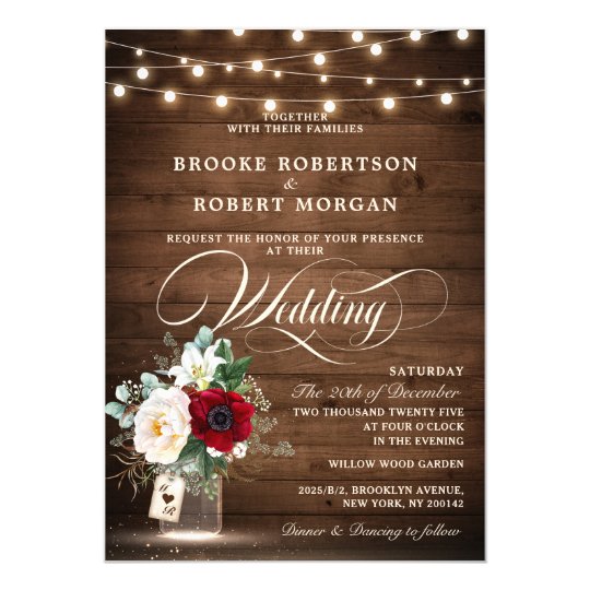 Rustic Wood String Lights Burgundy Floral Wedding Invitation | Zazzle.com
