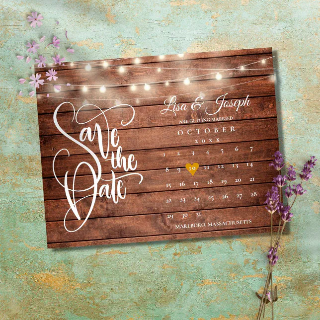 Rustic Wood String Lights Calendar Save the Date Announcement Postcard ...