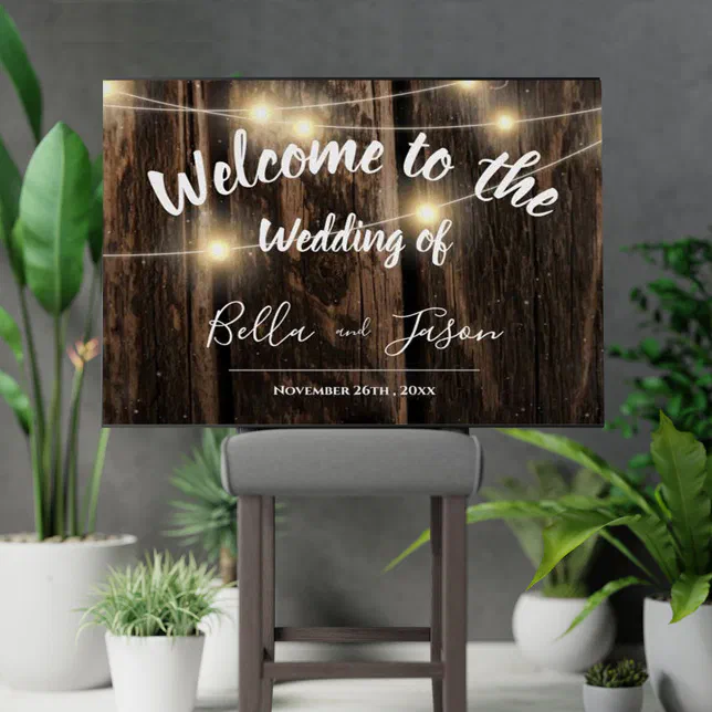 Rustic Wood String Lights Country Wedding Welcome Poster | Zazzle