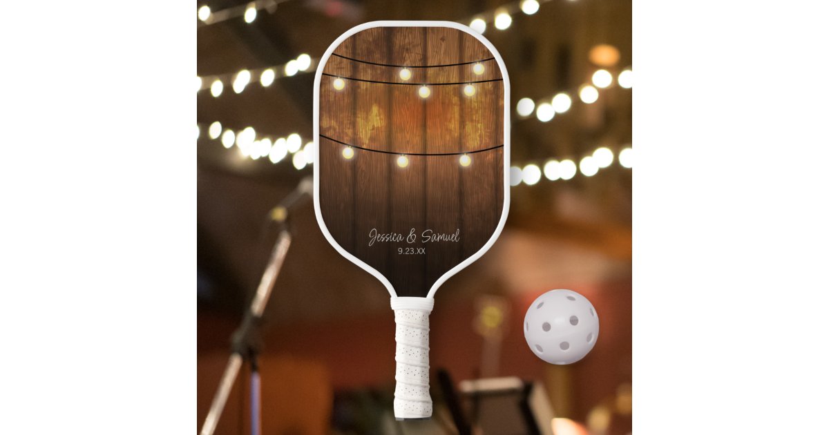 Rustic Wood String Lights Custom Wedding Pickleball Paddle | Zazzle