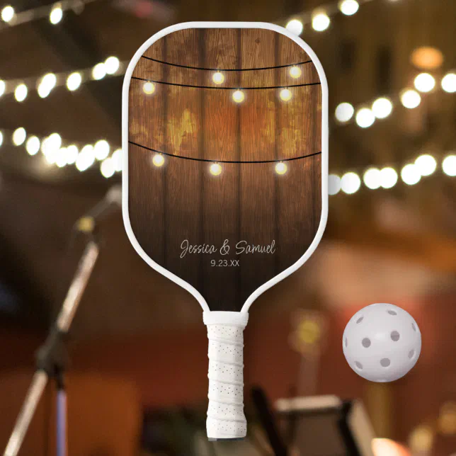Rustic Wood String Lights Custom Wedding Pickleball Paddle | Zazzle