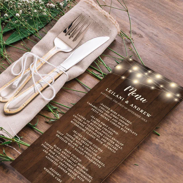 Rustic Wood String Lights Floral Mason Jar Menu | Zazzle