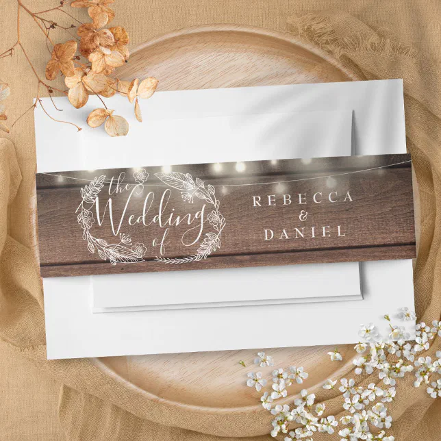 Rustic Wood String Lights Floral Wedding Invitation Belly Band | Zazzle