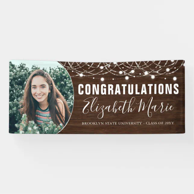 Rustic Wood String Lights Grad Photo Graduation Banner | Zazzle