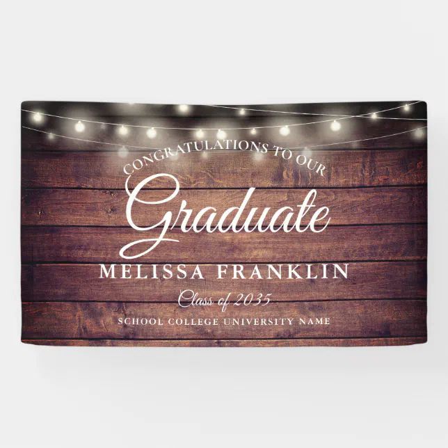 Rustic Wood String Lights Graduation Banner | Zazzle