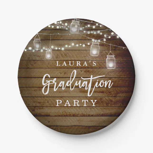 Rustic Wood String Lights Graduation Paper Plate | Zazzle