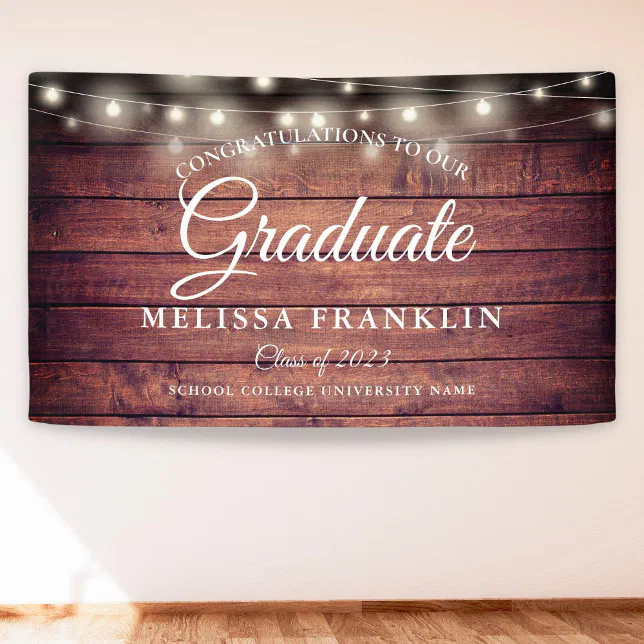 Rustic Wood String Lights Graduation Party Banner | Zazzle