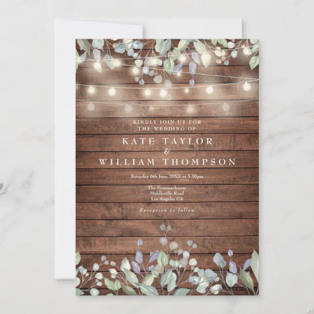 Rustic Wood String Lights Greenery Floral Wedding Invitation | Zazzle