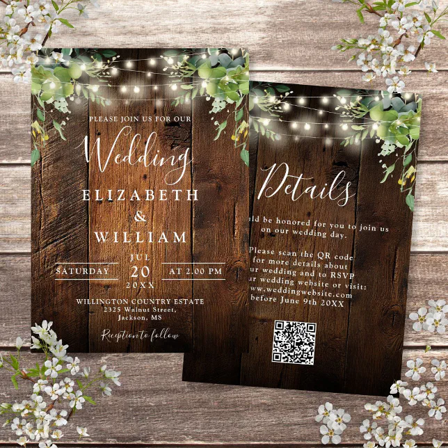 Rustic Wood String Lights Greenery QR Code Wedding Invitation | Zazzle