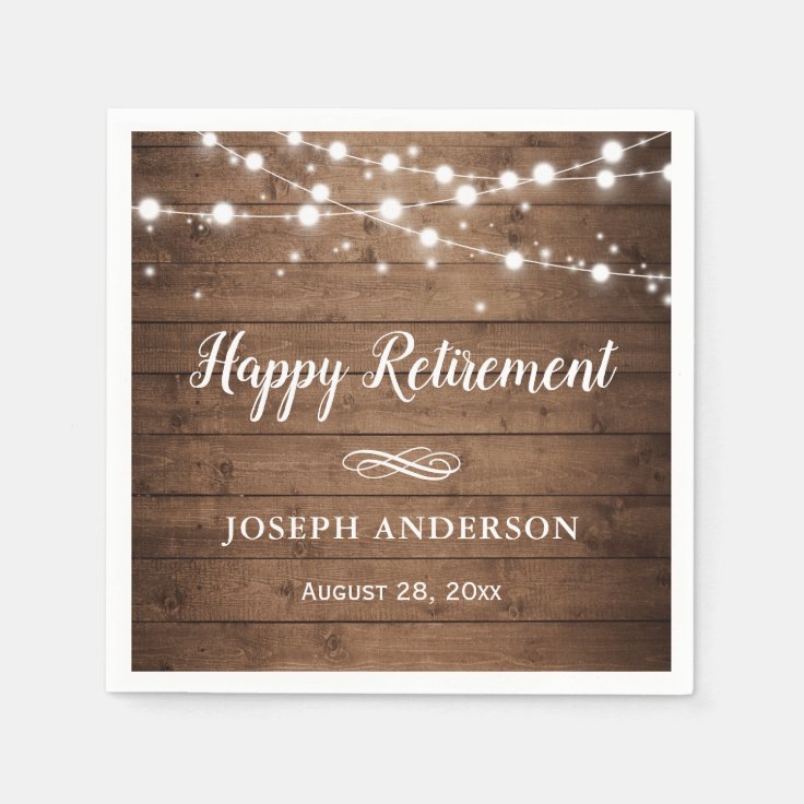 Rustic Wood String Lights Happy Retirement Napkins | Zazzle