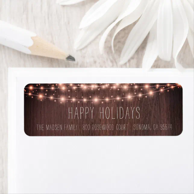 Rustic Wood String Lights Holiday Label | Zazzle