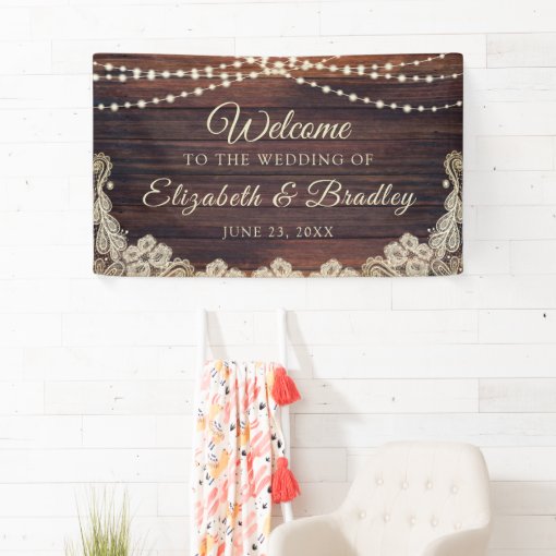 Rustic Wood String Lights Ivory Lace Wedding Banner | Zazzle