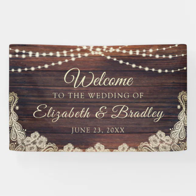 Rustic Wood String Lights Ivory Lace Wedding Banner | Zazzle