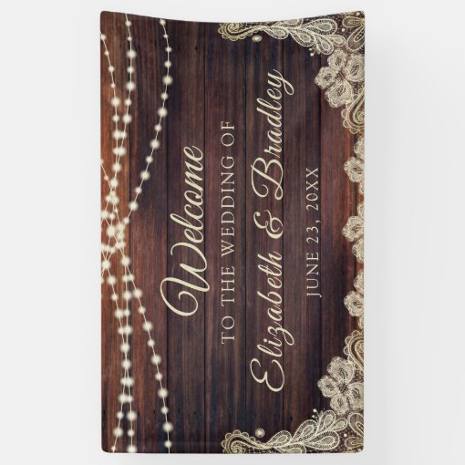 Rustic Wood String Lights Ivory Lace Wedding Banner | Zazzle