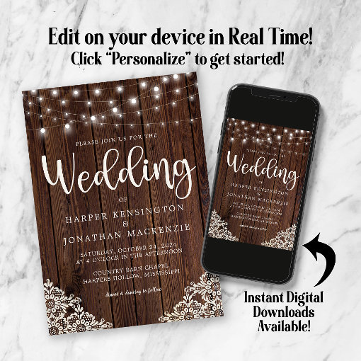 Rustic Wood String Lights Lace All in One Wedding Invitation | Zazzle