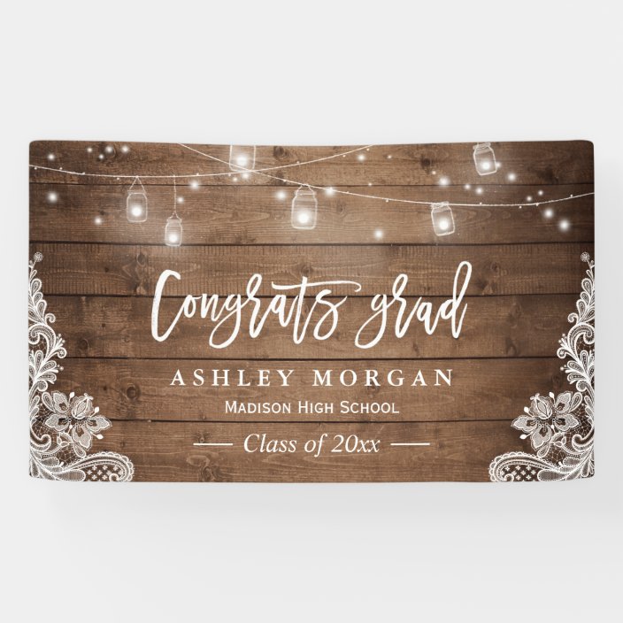 Rustic Wood String Lights Lace Graduation Party Banner | Zazzle.com