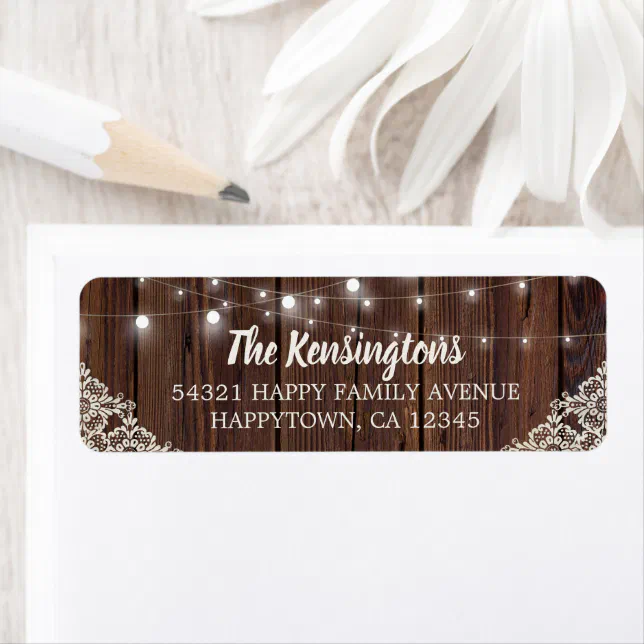 Rustic Wood String Lights Lace Label | Zazzle
