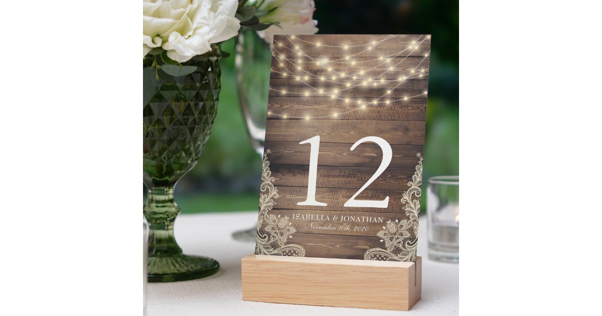 Rustic Wood & String Lights | Lace Table Number | Zazzle