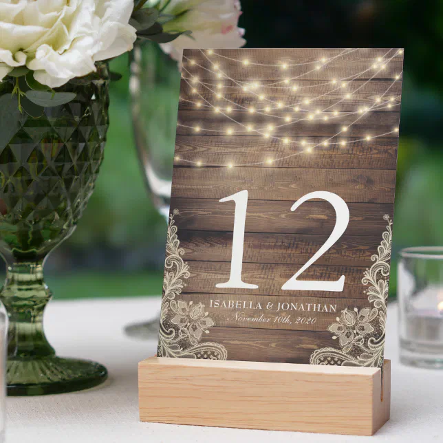 Rustic Wood & String Lights | Lace Table Number | Zazzle