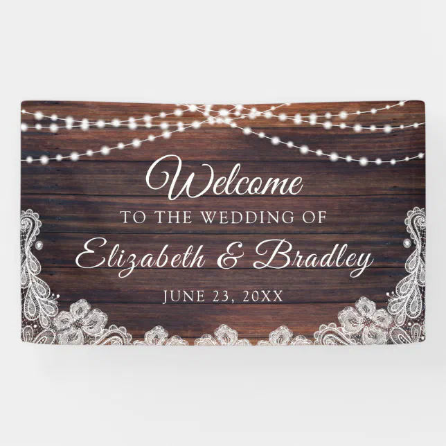 Rustic Wood String Lights Lace Wedding Banner | Zazzle