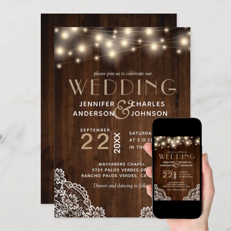Rustic Wood String Lights Lace Wedding Invitation | Zazzle