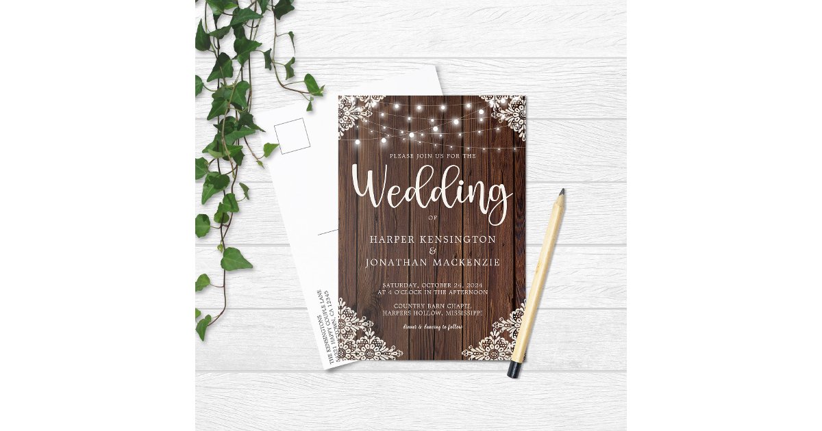 Rustic Wood String Lights Lace Wedding Invitation Postcard | Zazzle