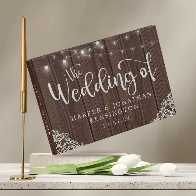 Rustic Wood String Lights Lace Wedding Photo Guest Book | Zazzle