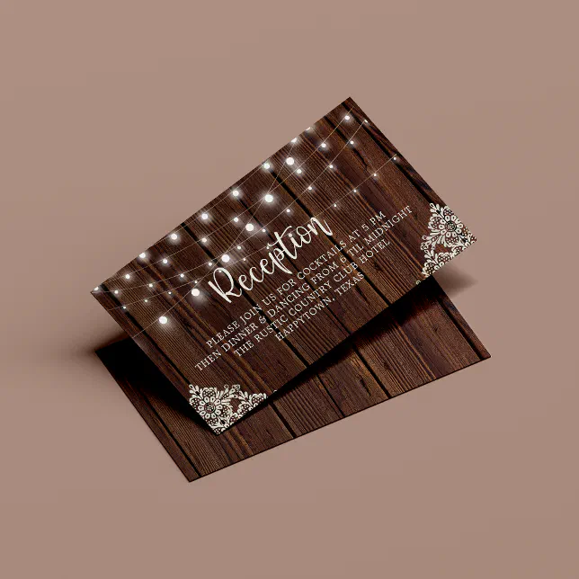 Rustic Wood String Lights Lace Wedding Reception Enclosure Card | Zazzle