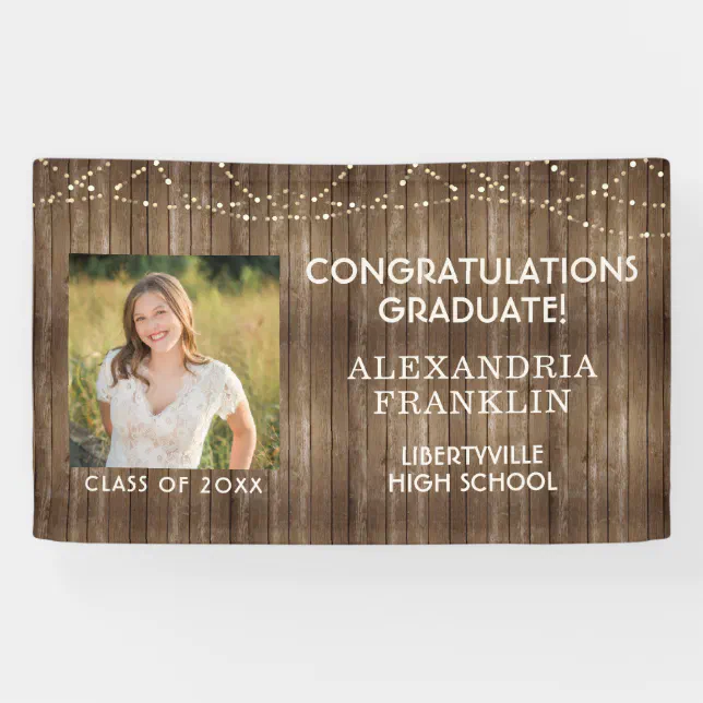 Rustic Wood | String Lights | Photo Graduation Banner | Zazzle