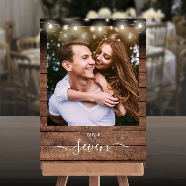 Rustic Wood String Lights Photo Table Number | Zazzle