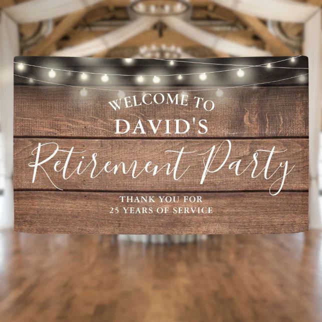 Rustic Wood String Lights Retirement Party Banner | Zazzle