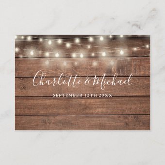 Rustic Wood String Lights Script Wedding Details Enclosure Card | Zazzle