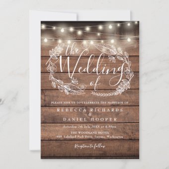 Rustic Wood String Lights Script Wedding Invitation | Zazzle