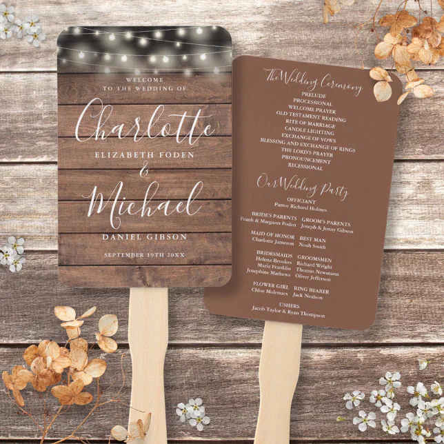Rustic Wood String Lights Script Wedding Program Hand Fan | Zazzle