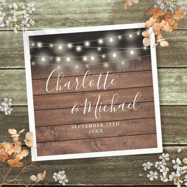 Rustic Wood String Lights Signature Script Wedding Napkins | Zazzle