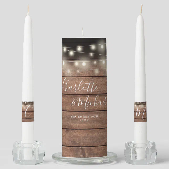 Rustic Wood String Lights Signature Script Wedding Unity Candle Set ...