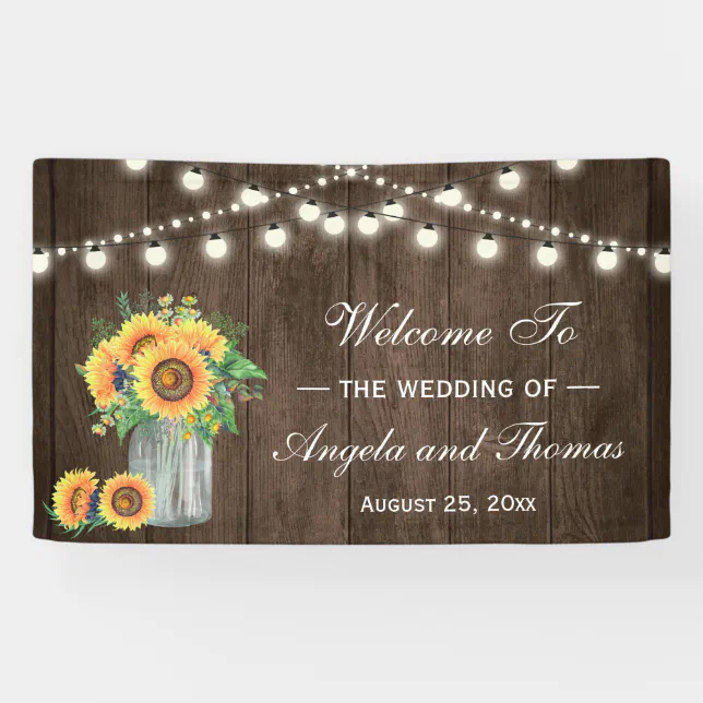 Rustic Wood String Lights Sunflowers Wedding Party Banner | Zazzle