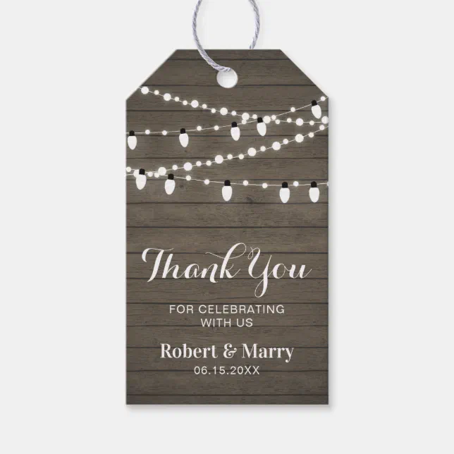 Rustic Wood & String Lights Thank you Favor tag | Zazzle